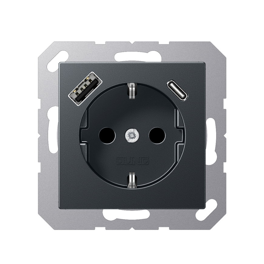 Jung wandcontactdoos, A range, randaarde, USB A en C, kinderbeveiliging ...